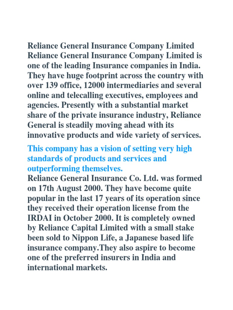 Reliance General Insurance Company Limited | PDF | Vehicle Insurance ...