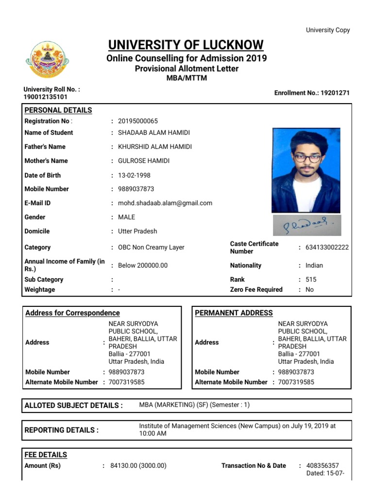 LU Counselling Allotment Letter | PDF | Identity Document | Government