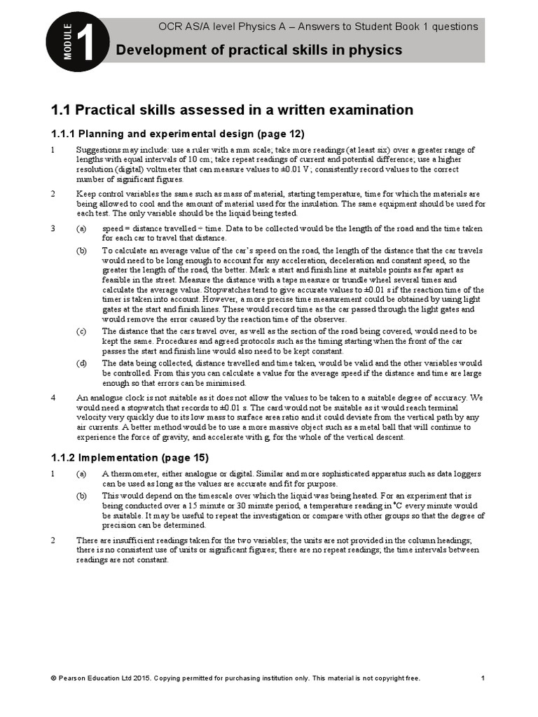 OCR AS and A Level Physics Student Book 1 ANSWERS PDF | PDF ...