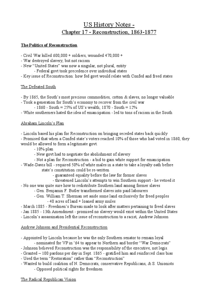 US History Notes - : Chapter 17 - Reconstruction, 1863-1877 | PDF ...