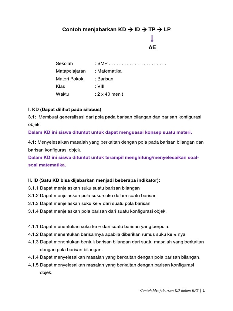Contoh Menjabarkan KD Mat SMP Klas VIII - 1 | PDF
