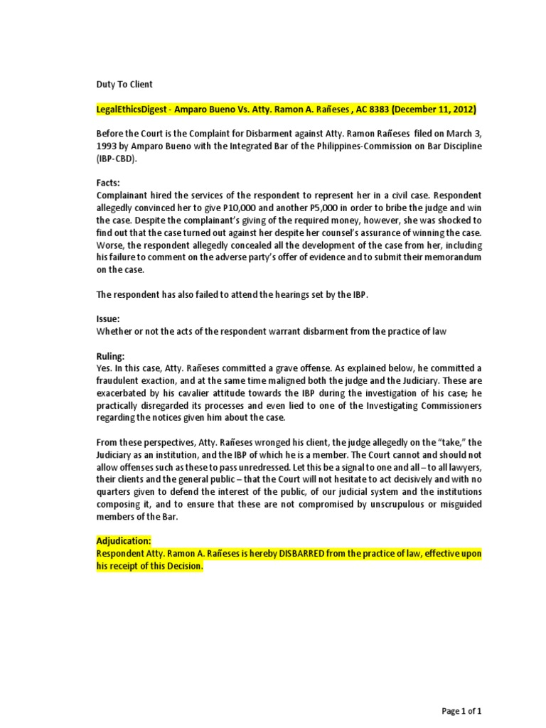 LegalEthicsDigest - Amparo Bueno vs. Atty. Ramon A. Rañeses, AC 8383 ...