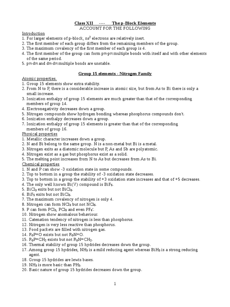 XII - The P-Block Elements | PDF | Chlorine | Nitrogen