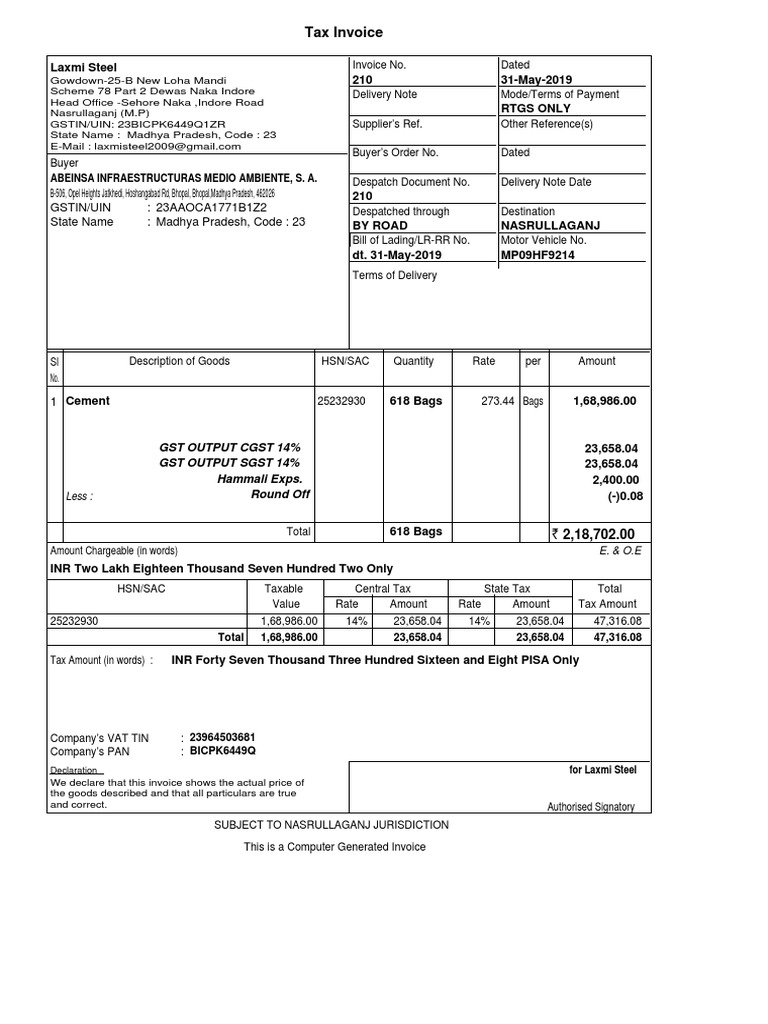 Payment for Cement Supply: Tax Invoice from Laxmi Steel to ABEINSA ...