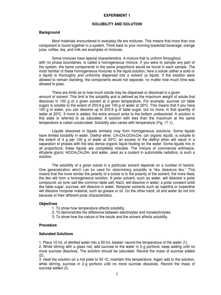 Experiment 1 | PDF | Solubility | Solution