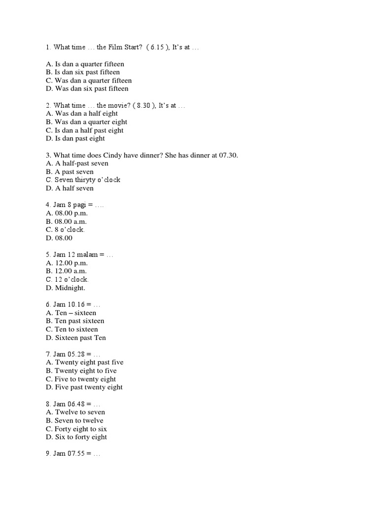 Soal Telling Time Bahasa Inggris Kelas 7 | PDF | Foreign Language ...