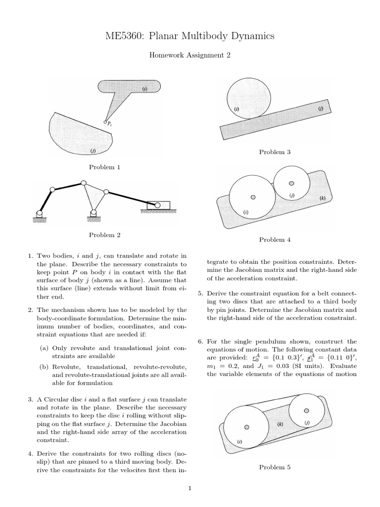 ME5360: Planar Multibody Dynamics Homework Assignment 2 - Equations of Motion for Various Planar ...