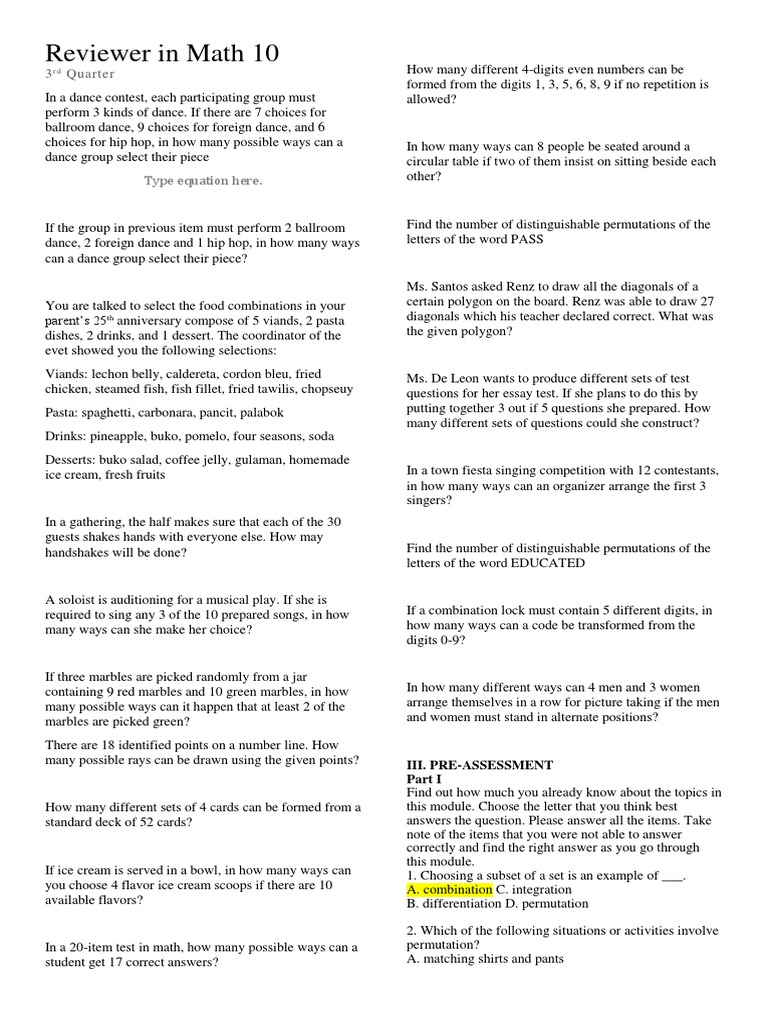 Math 10 Reviewer - 3rd Quarter - GR 10 | PDF | Permutation | Probability