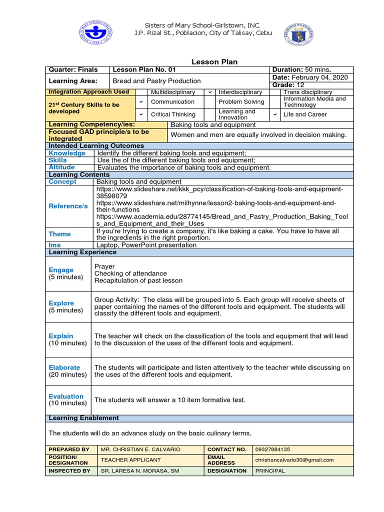 Sisters of Mary School Lesson Plan on Baking Tools | PDF | Baking ...