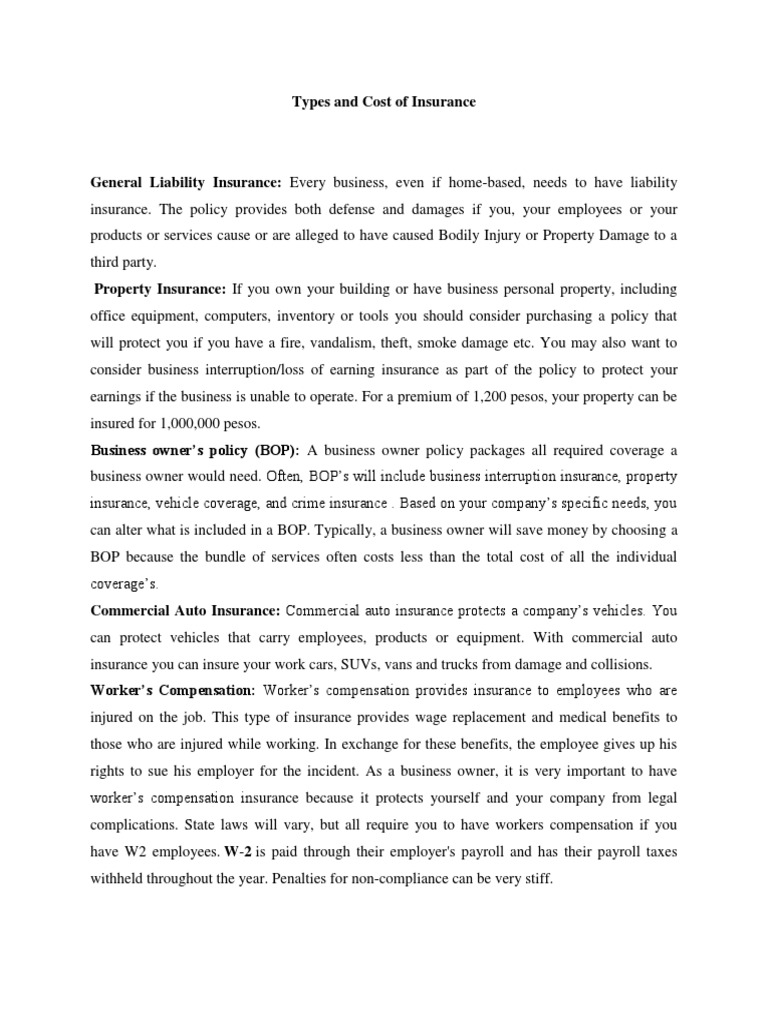 Types and Cost of Insurance | PDF | Vehicle Insurance | Liability Insurance