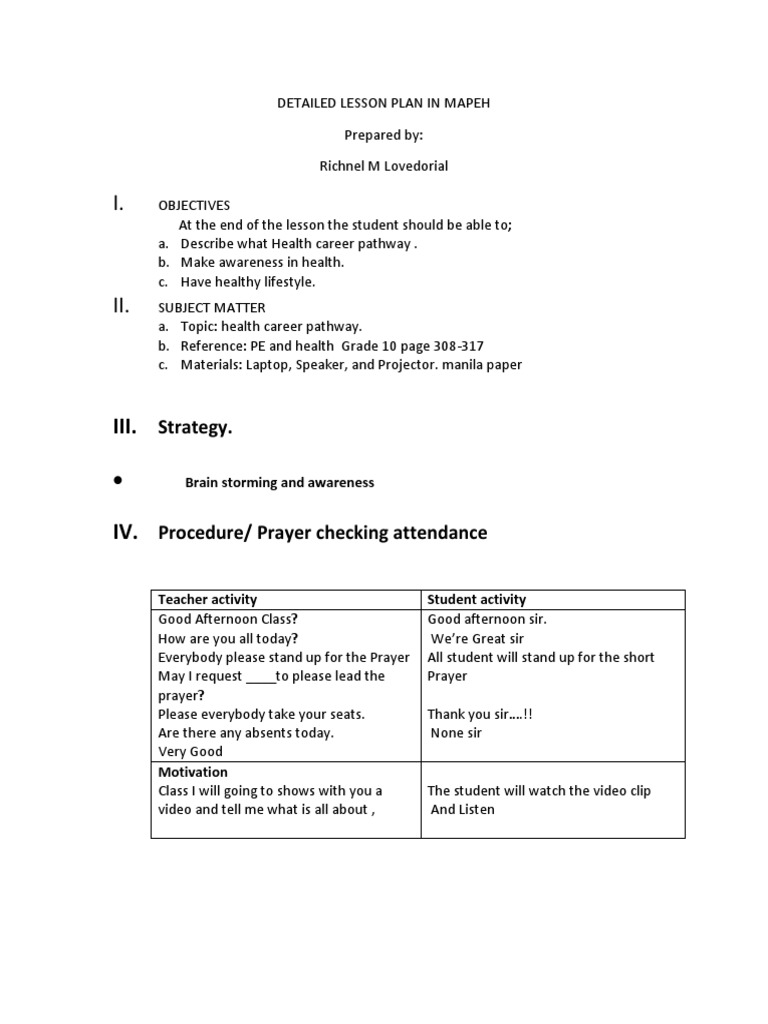 Detailed Lesson Plan in Mapeh | PDF | Health Professional | Health ...