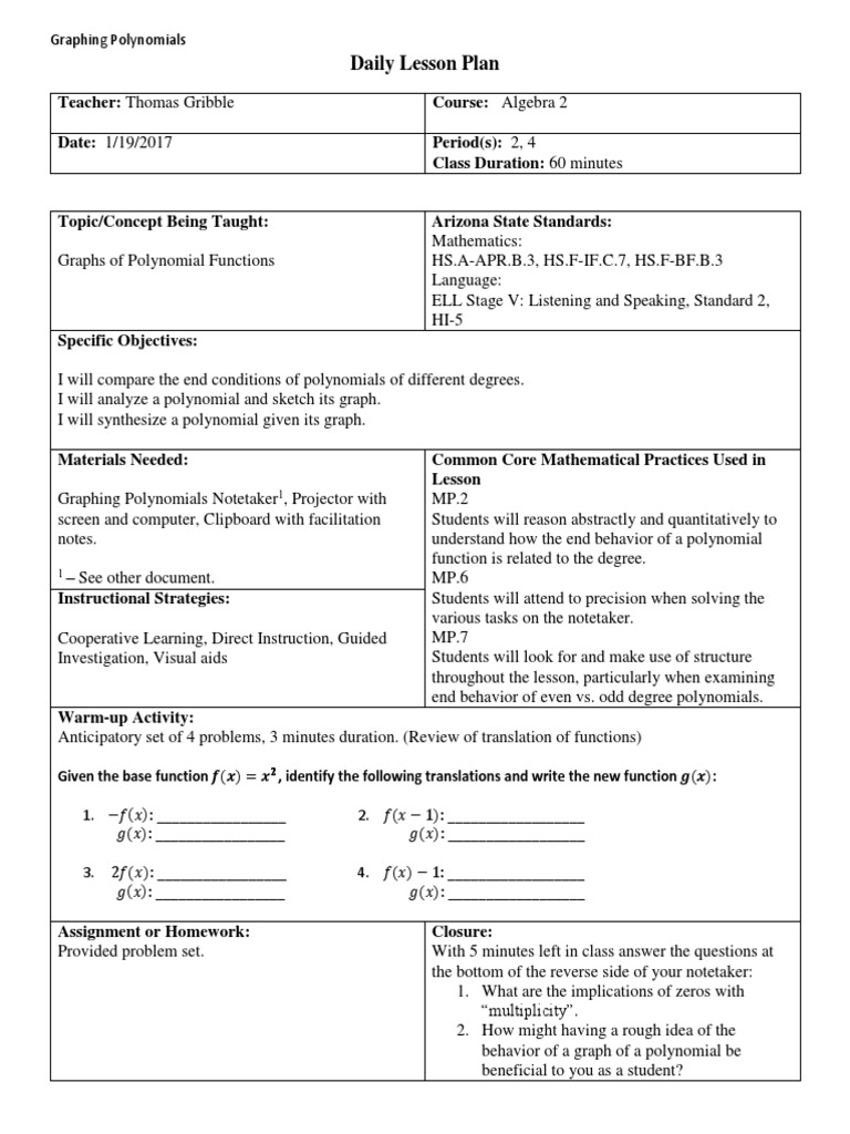 Graphing Polynomials Lesson Plan and Materials | PDF | Polynomial ...