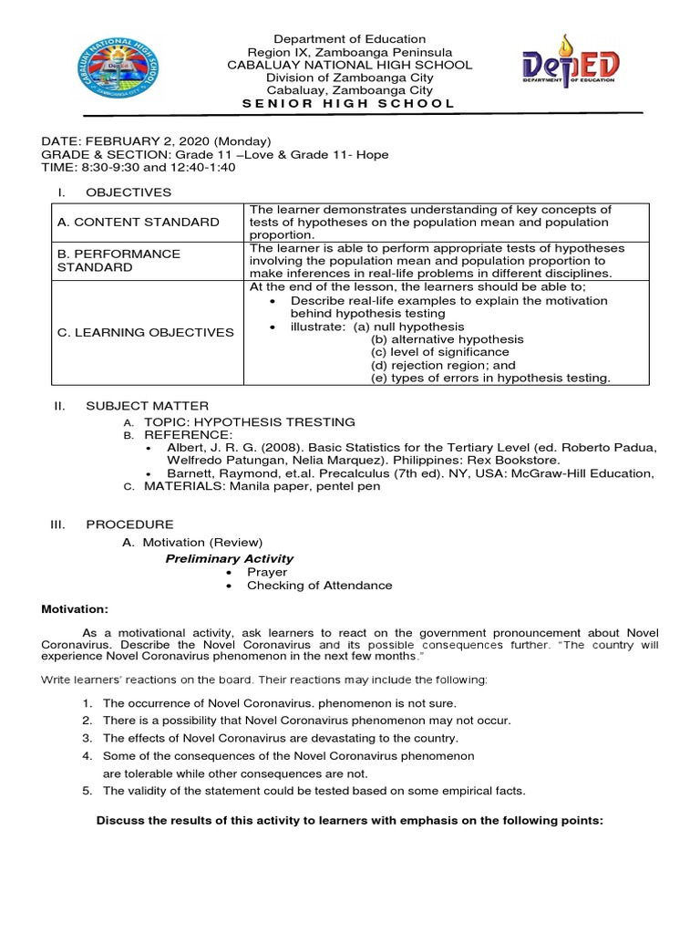 Lesson Plan Week 10 | PDF | Statistical Hypothesis Testing | Null ...