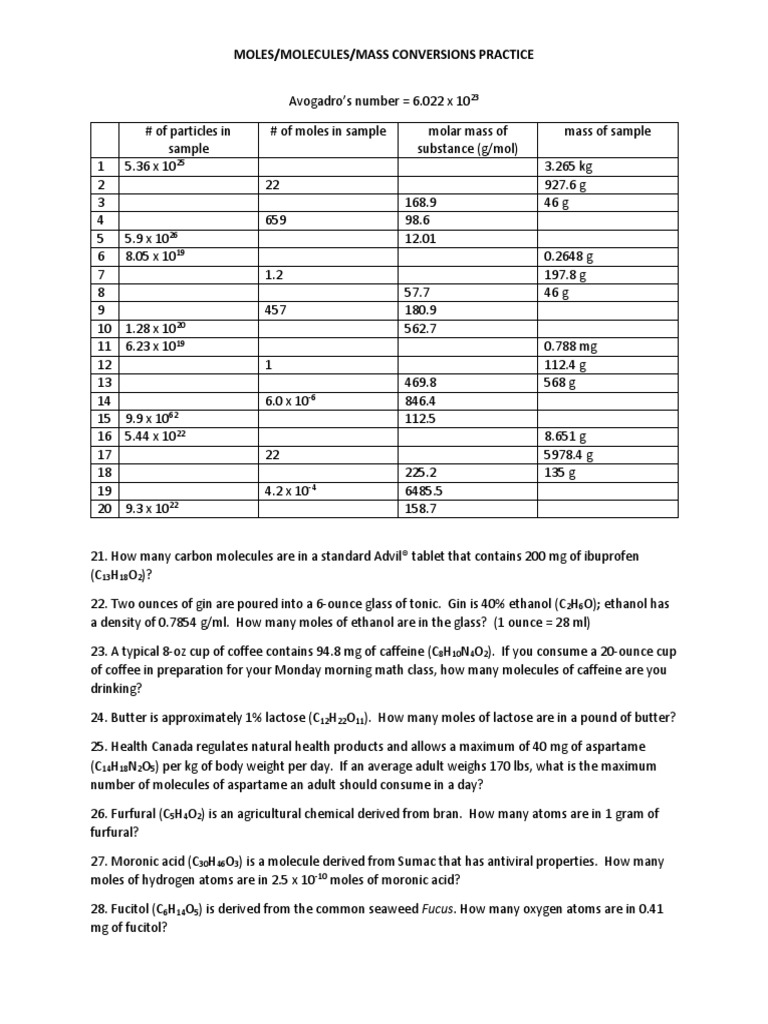 Moles Molecules and Mass Conversions II | Download Free PDF | Mole ...