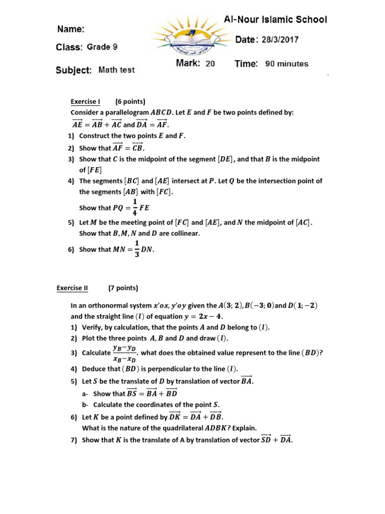 March Test Grade 9 | PDF | Triangle | Line (Geometry)