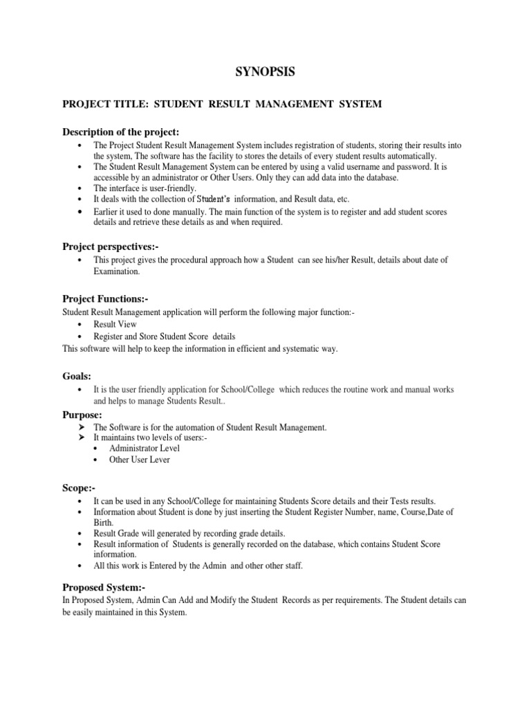 Student Result Management Synopsis | PDF | Databases | Usability