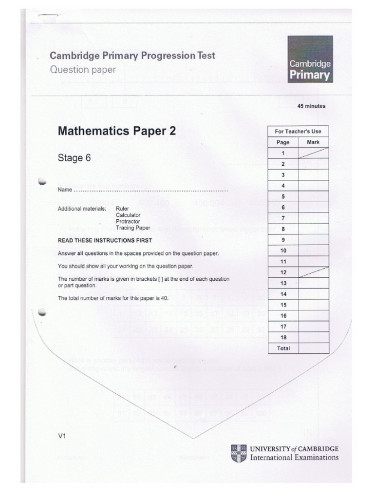 Primary Progression Test Stage 6 Math Paper 2 PDF | PDF