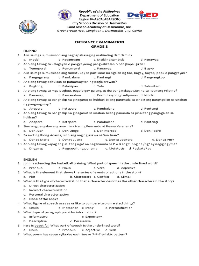 Entrance Exam Grade 7 | PDF