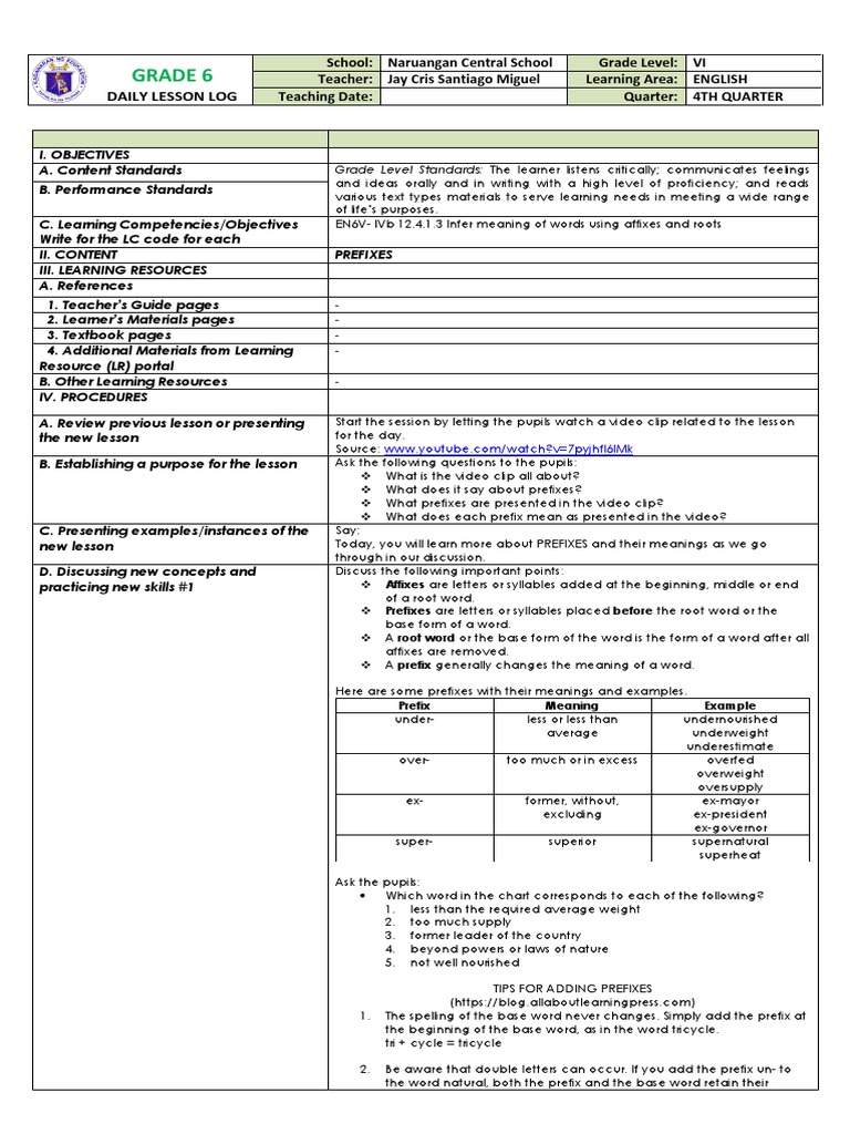Grade 6 Prefixes Lesson Plan | PDF | Teachers | Word