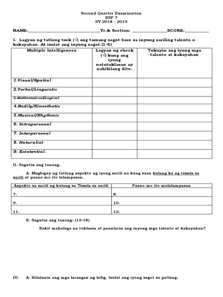 Esp7 Q2 Exam F | PDF