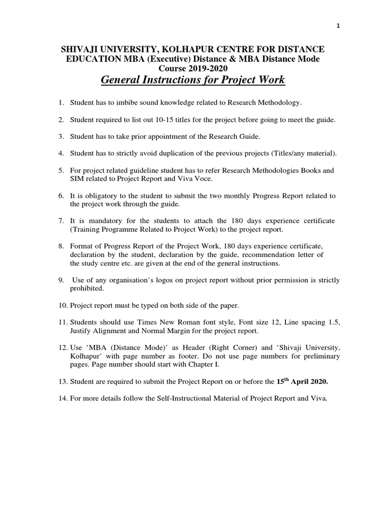 MBA Project Guidelines for Shivaji University | PDF | Master Of ...