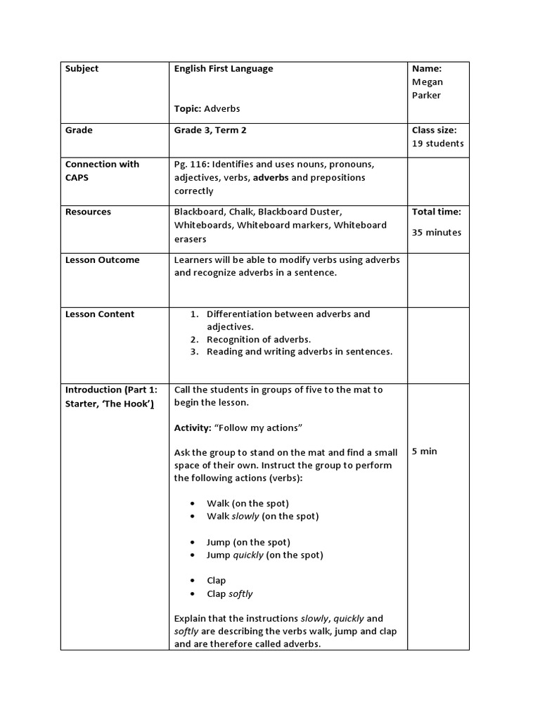 Adverbs Lesson Plan | PDF | Adverb | Verb