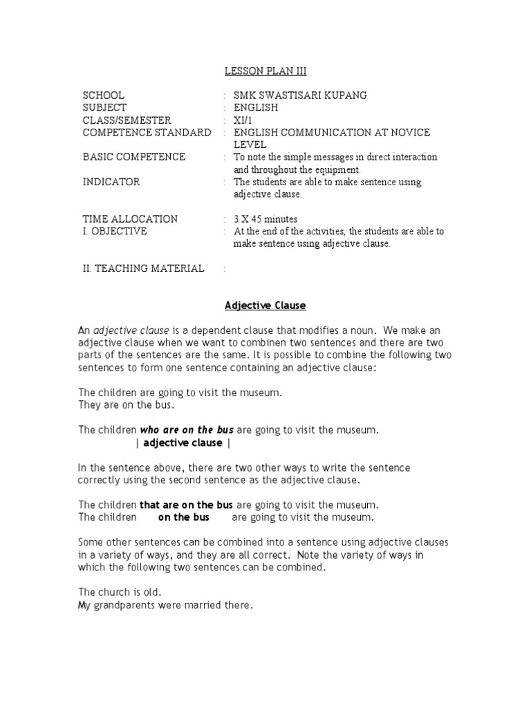 LESSON PLAN Adjective Clause PDF | PDF | Adjective | Clause