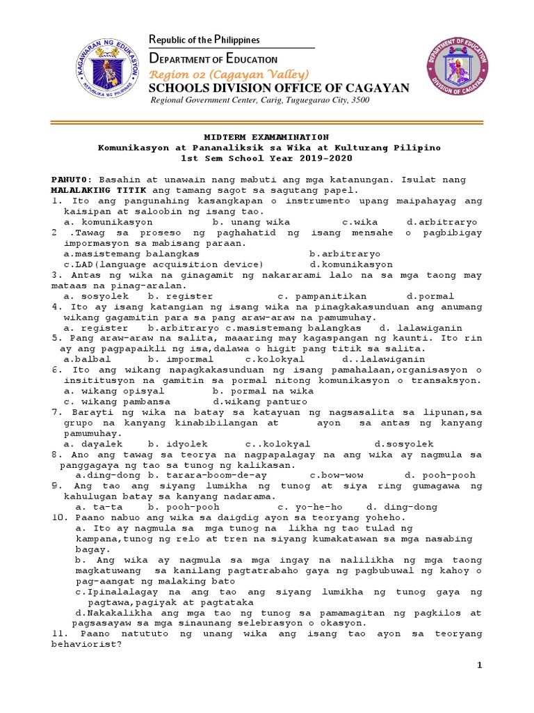 EXAM Filipino 1 | PDF