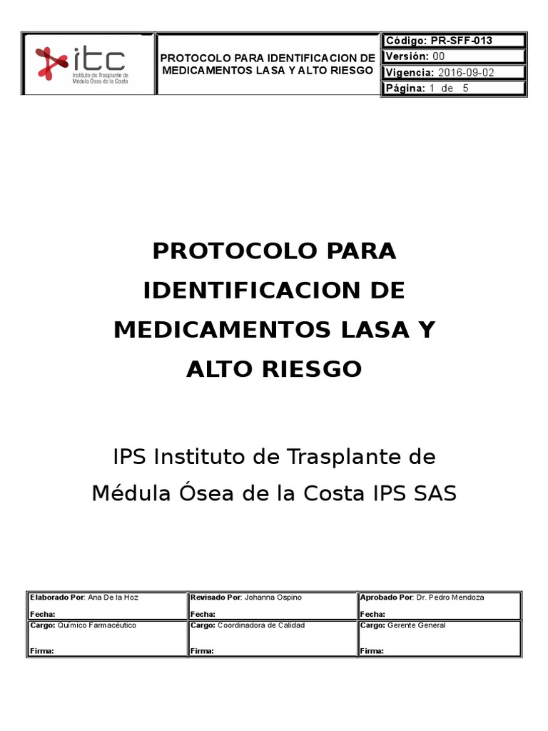 PR-SF-013 Protocolo Medicamentos Lasa | PDF | Medicamentos con receta | Farmacéutico
