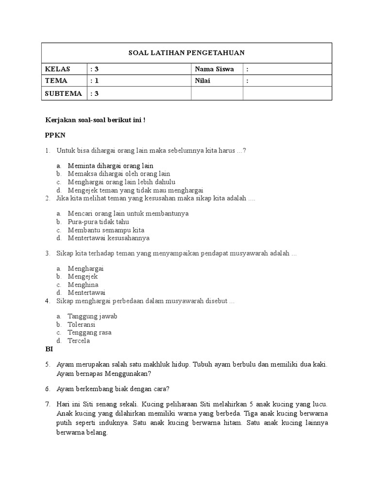 SOAL LATIHAN PENGETAHUAN TEMA 1 SUB 3 KELAS 3 Fix | PDF