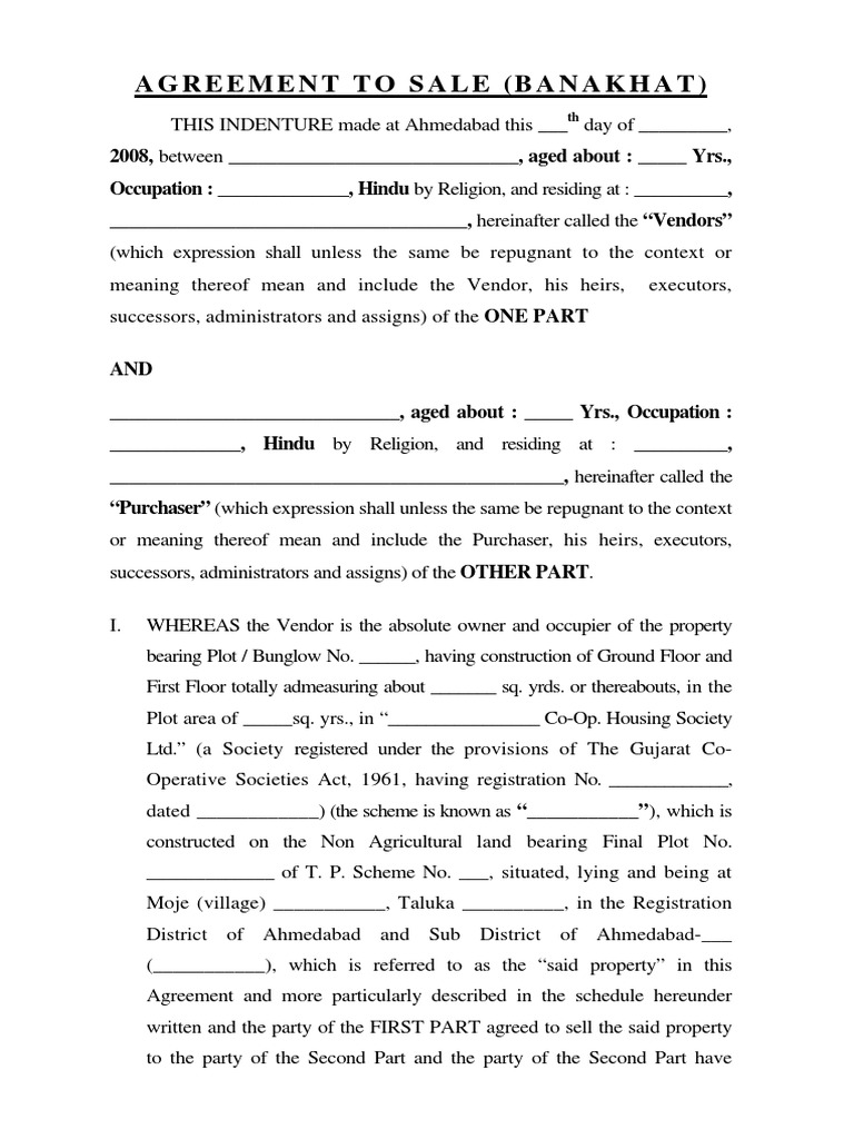 Agreement To Sale (Banakhat) | PDF | Deed | Guarantee