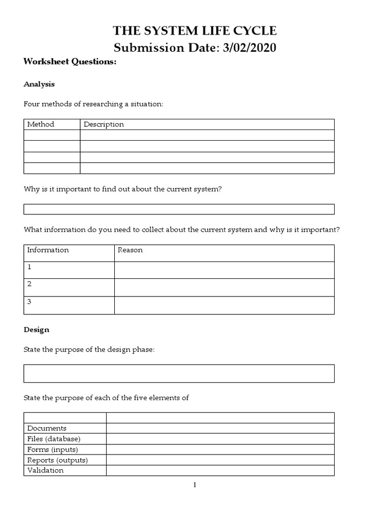 Unit 7 System Life Cycle Worksheet Questions | PDF