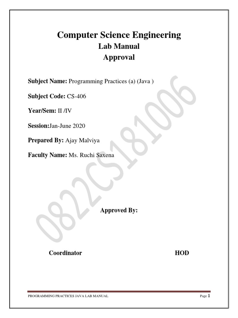 LAB MANUAL Java CS406 FORMAT | PDF | Java (Programming Language) | Computer Programming