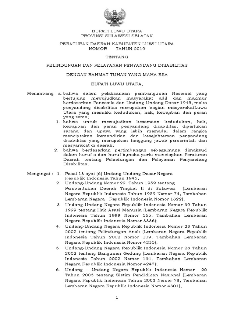 Draft PERDA DISABILITAS LUWU UTARA 2019 | PDF