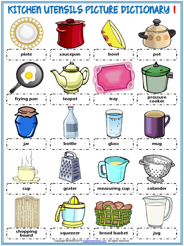 Kitchen Utensils Vocabulary Esl Picture Dictionary Worksheets For Kids ...