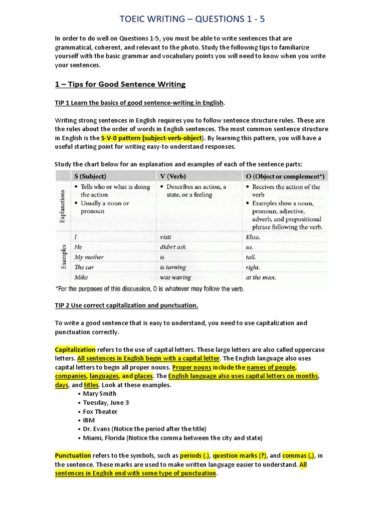 Toeic Writing - Questions 1 - 5 | PDF | Verb | Adverb