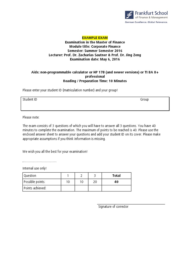 Example Exam MoF Corporate Finance Instructor 12042016 | PDF | Cost Of ...