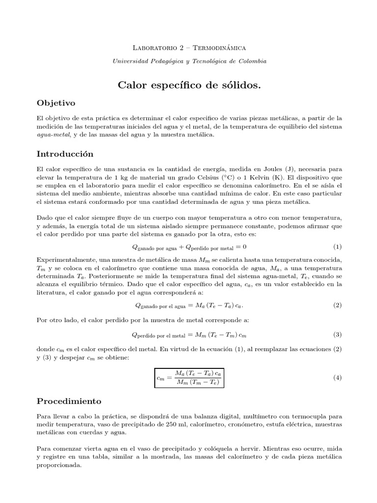 Lab 2 Calor Especifico | PDF | Calor | Temperatura