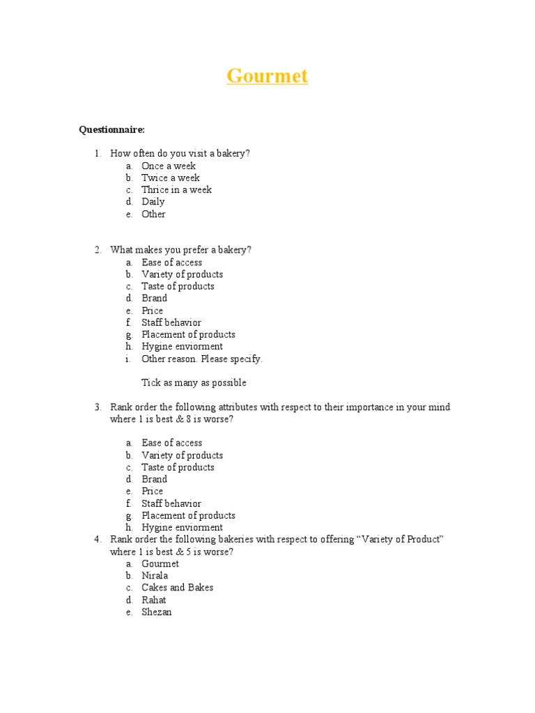 Questionnaire Updated | PDF | Confectionery | Bakery