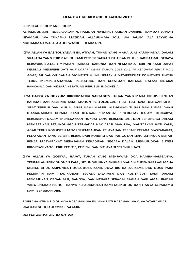 Doa Hut Ke-48 Korpri Tahun 2019 | PDF