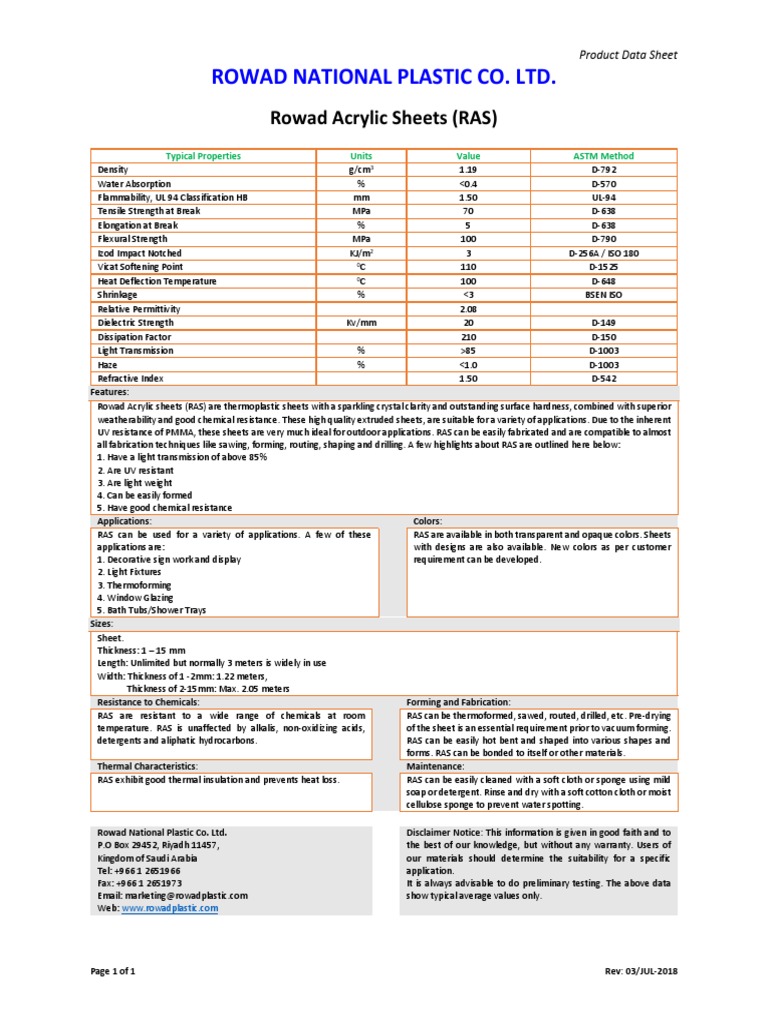 Product Data Sheet for Rowad Acrylic Sheets (RAS) Detailing Properties ...