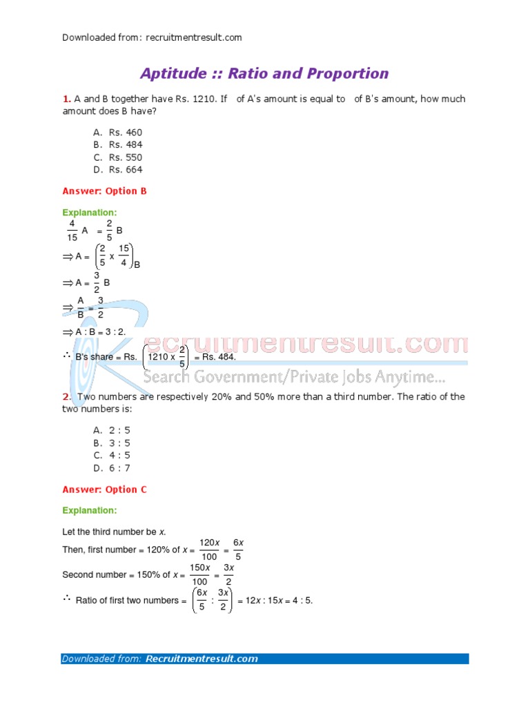 Aptitude - Ratio-and-Proportion | PDF | Ratio | Teaching Mathematics