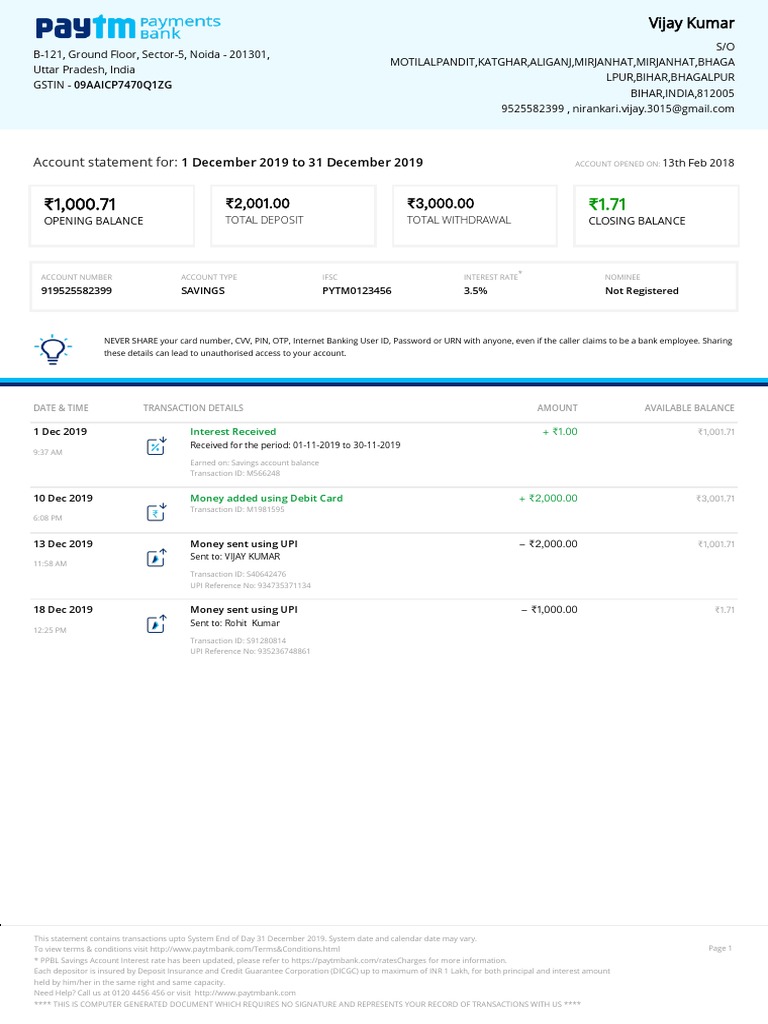 Paytm Bank Account Statement December 2019 | PDF | Deposit Account ...