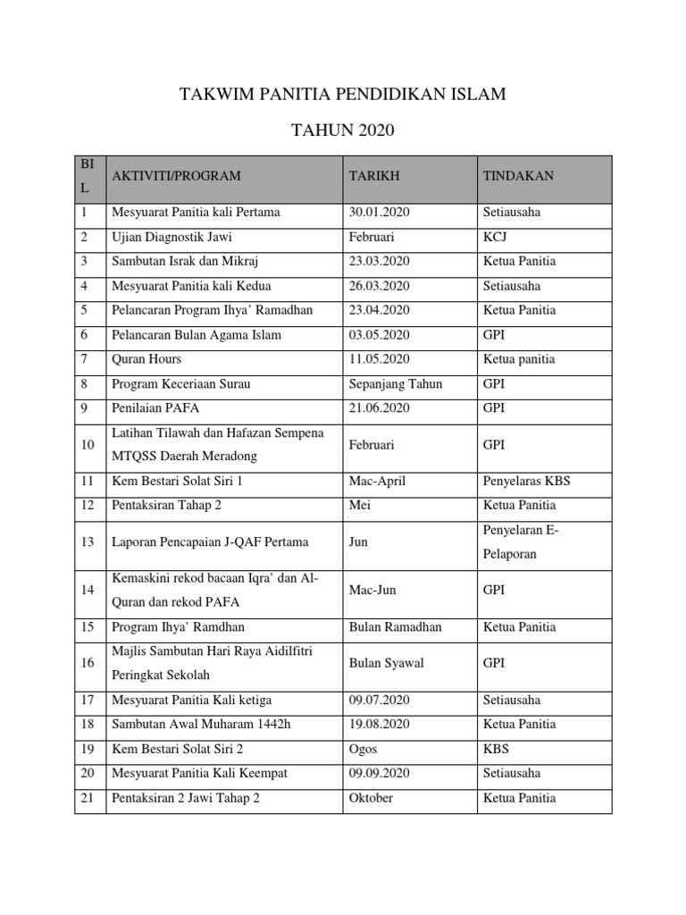 Takwim Panitia Pendidikan Islam | PDF