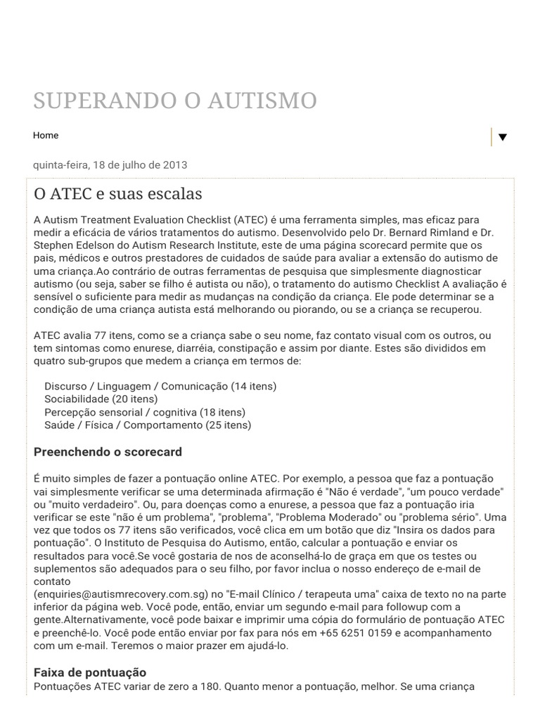 SUPERANDO O AUTISMO - O ATEC e Suas Escalas | PDF | Autismo | Conceitos ...