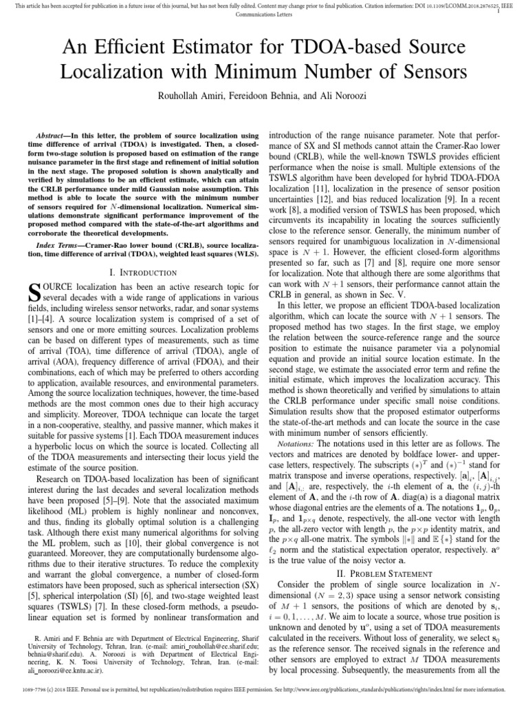 An Efficient Estimator For TDOA-based Source Localization With Minimum Number of Sensors ...