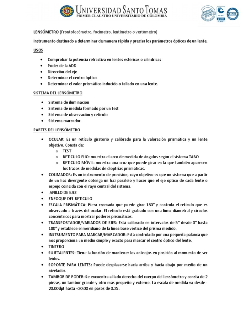 Partes y Procedimiento del Lensómetro | PDF | Óptica | Esfera