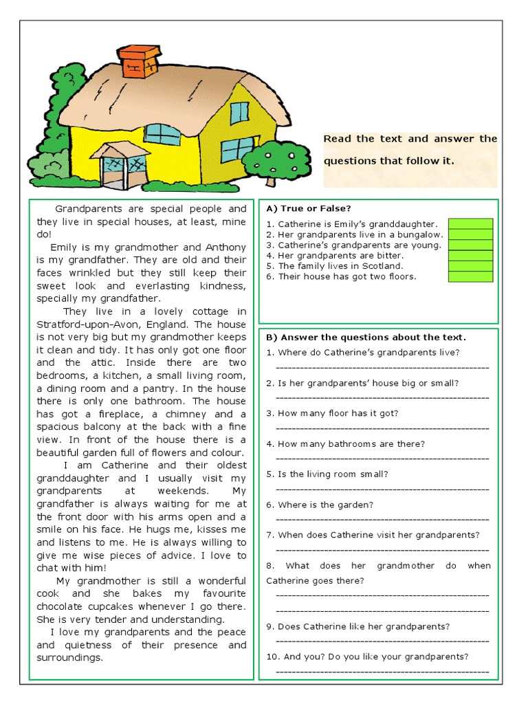 My Grandparents Live in A Lovely Cottage Reading Comprehension ...