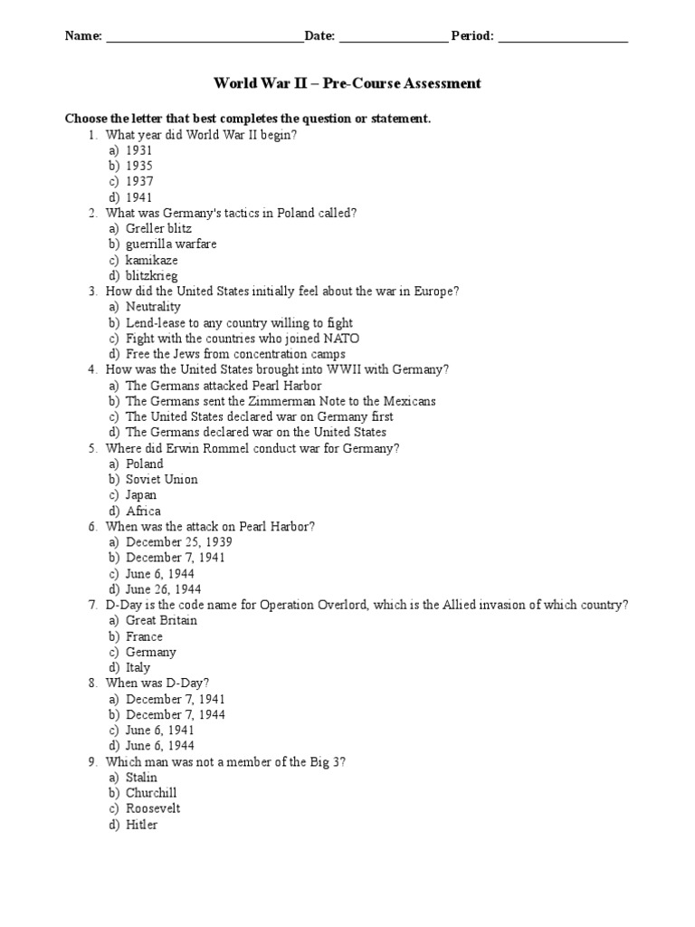 WWII Pre Course Assessment | PDF | World War II | Axis Powers