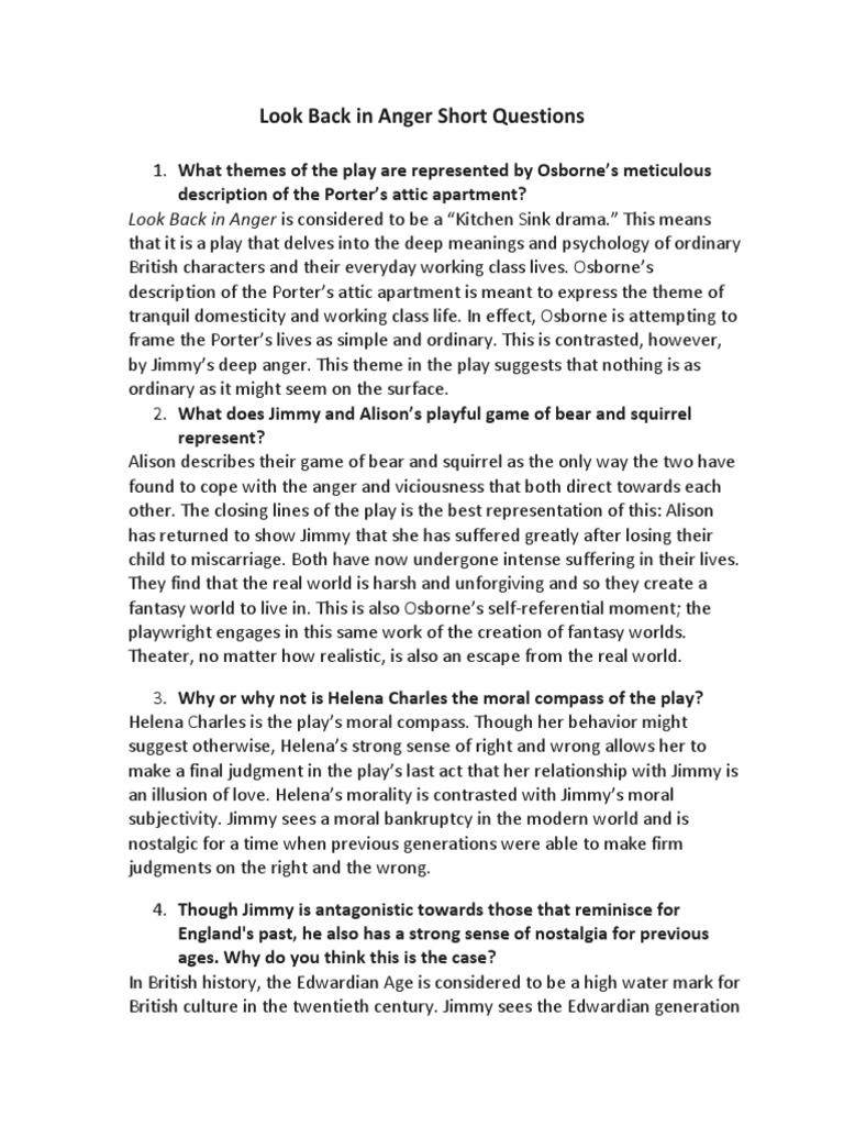 Look Back in Anger: Key Questions | PDF | Chivalry | Anger